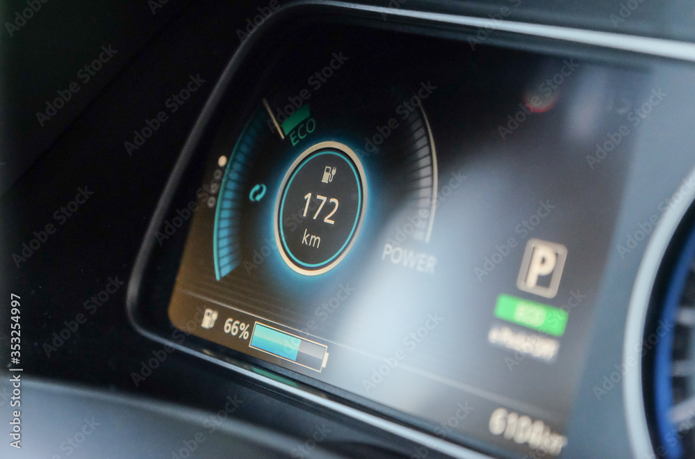 detail of dashboard and speedometer of electric car. You can see the ...