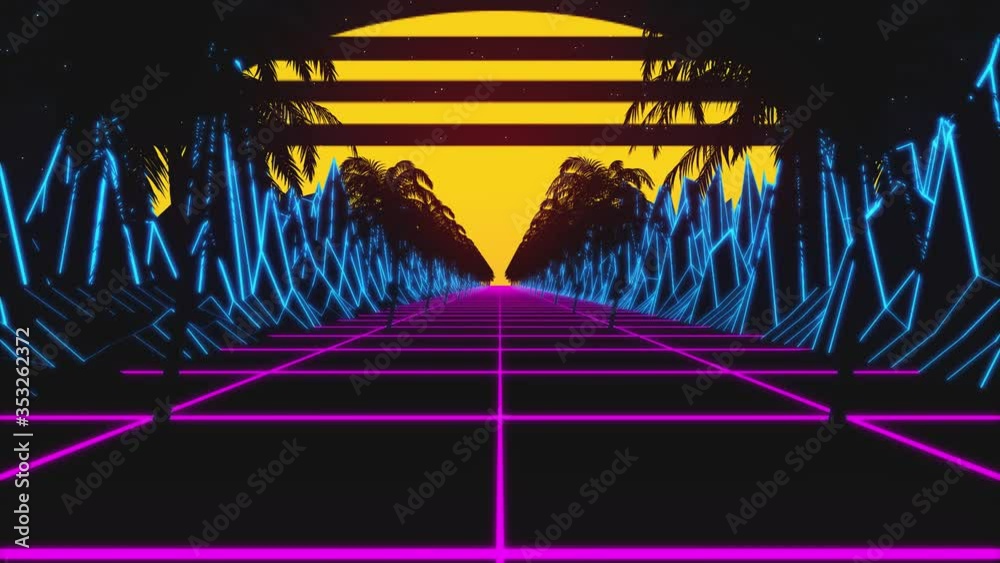 Video Stock Retrowave horizon landscape with neon lights and low poly ...