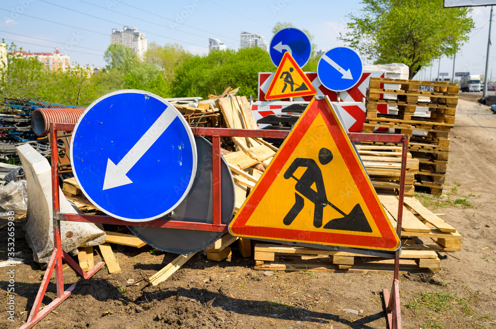 road signs and warning signs for road repair ภาพถ่ายสต็อก | Adobe Stock