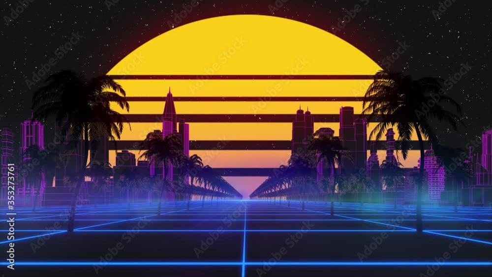 Stylized vintage 3D animation background with modern city, palm trees ...