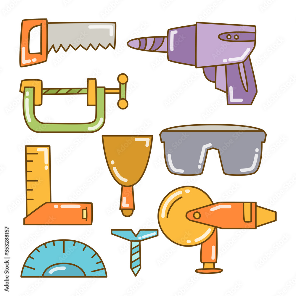 engineering and construction tool icons color doodle line design Stock ...