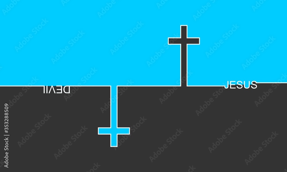 Jesus vs Devil. Confrontation of well and evil. Cross and text. Thin ...