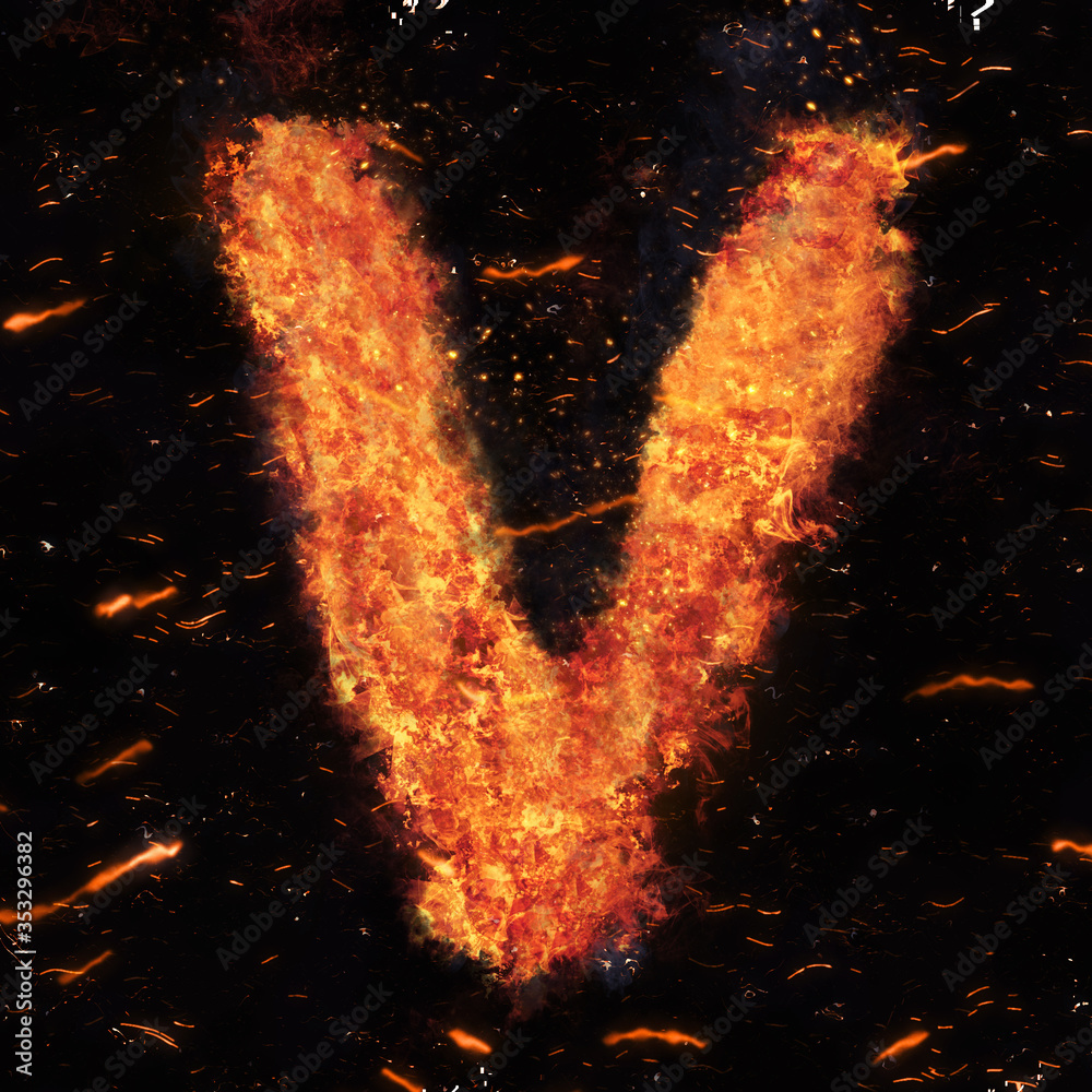 Letter V flame explosion shape with embers and sparks Stock ...
