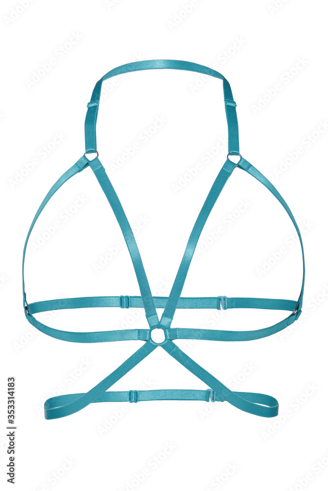 Detailed shot of a blue textile harness made as an open cup bra with ...