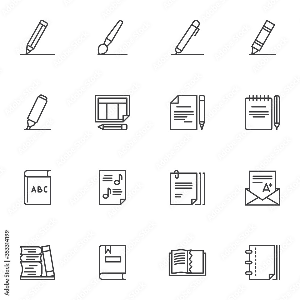 Education line icons set, writing and reading outline vector symbol ...