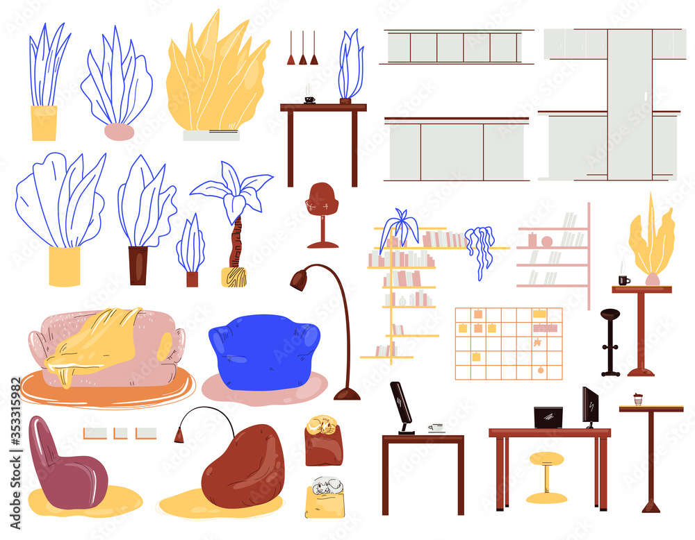 Vector cartoon interior set with furniture, home plants, lamps, tables ...