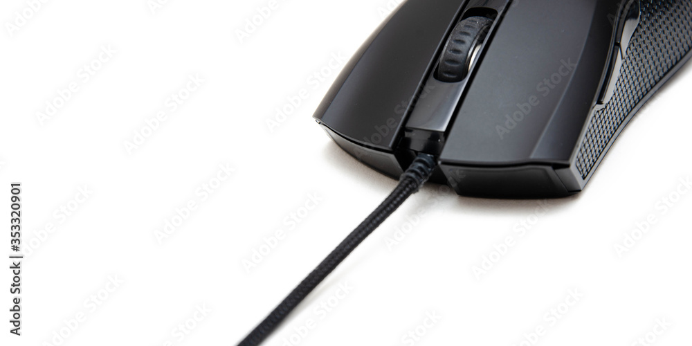 Black gaming mouse with side extra keys and a matte finish on white ...