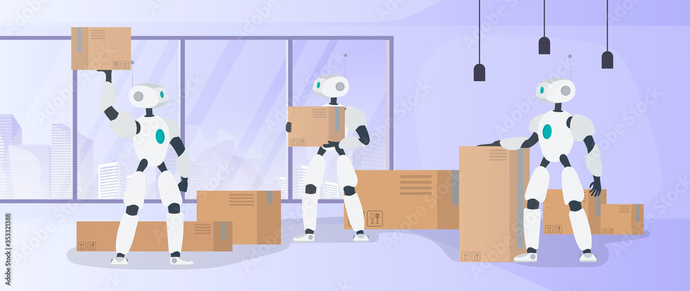 Robots work in a manufacturing warehouse. Robots carry boxes and lift ...