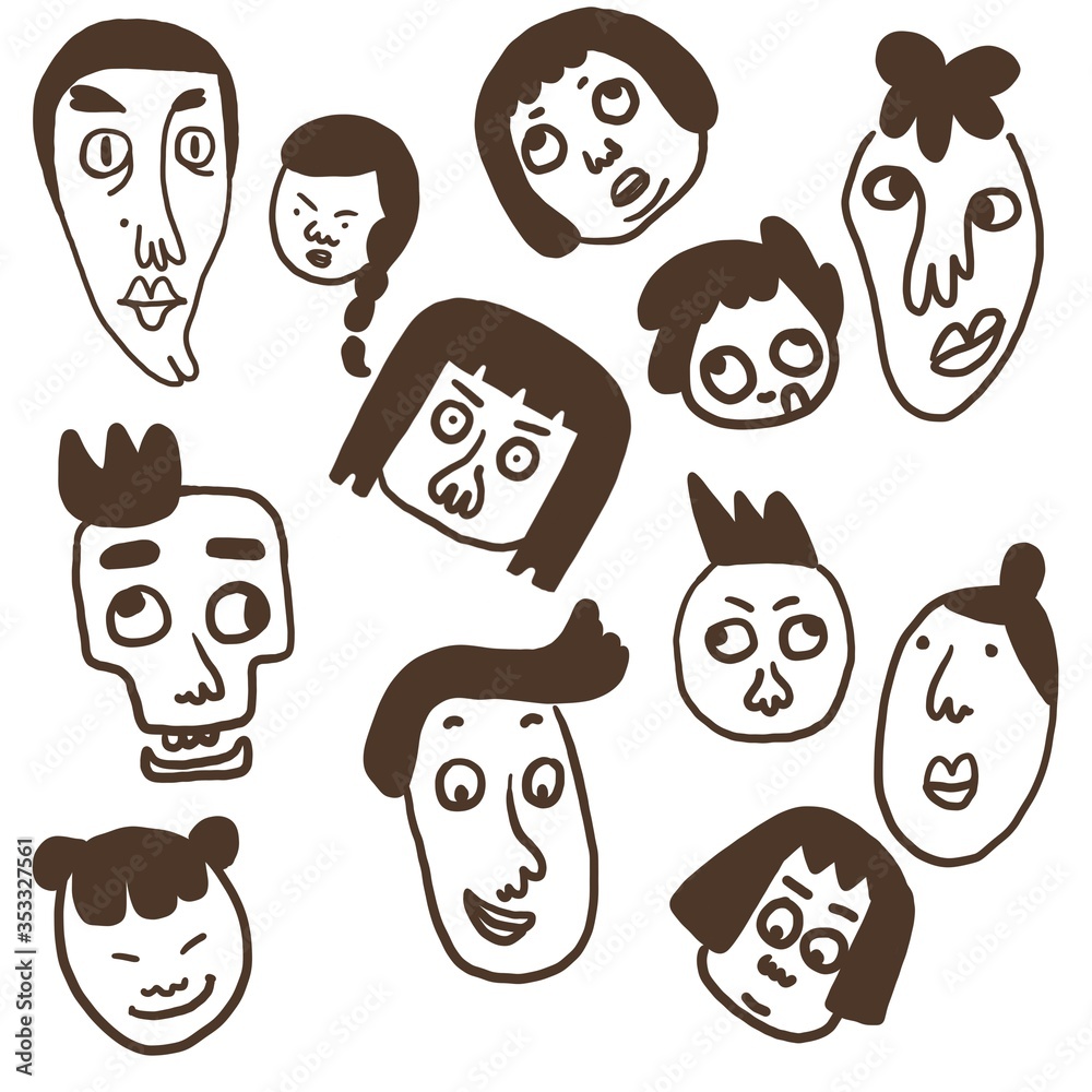 Collection of cartoon characters heads ,doodle style on white ...