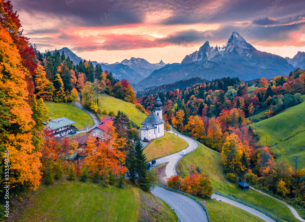 View from flying drone of Maria Gern church with Hochkalter peak on ...