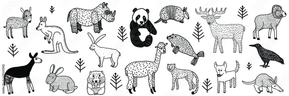 Collection of hand drawn wild animals.Black outline drawings isolated ...