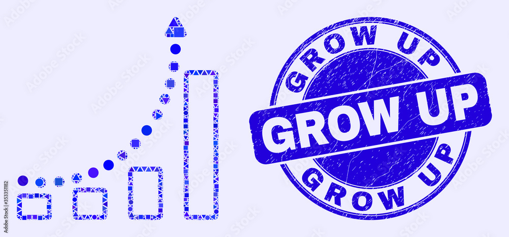 Geometric growing chart trend mosaic icon and Grow Up seal stamp. Blue ...