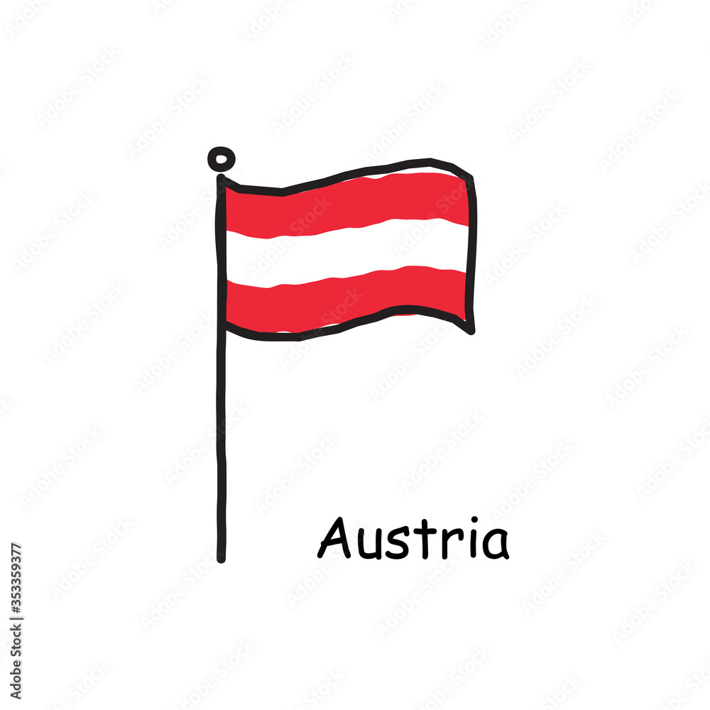 hand drawn sketchy Austria flag on the flag pole. three color flag ...