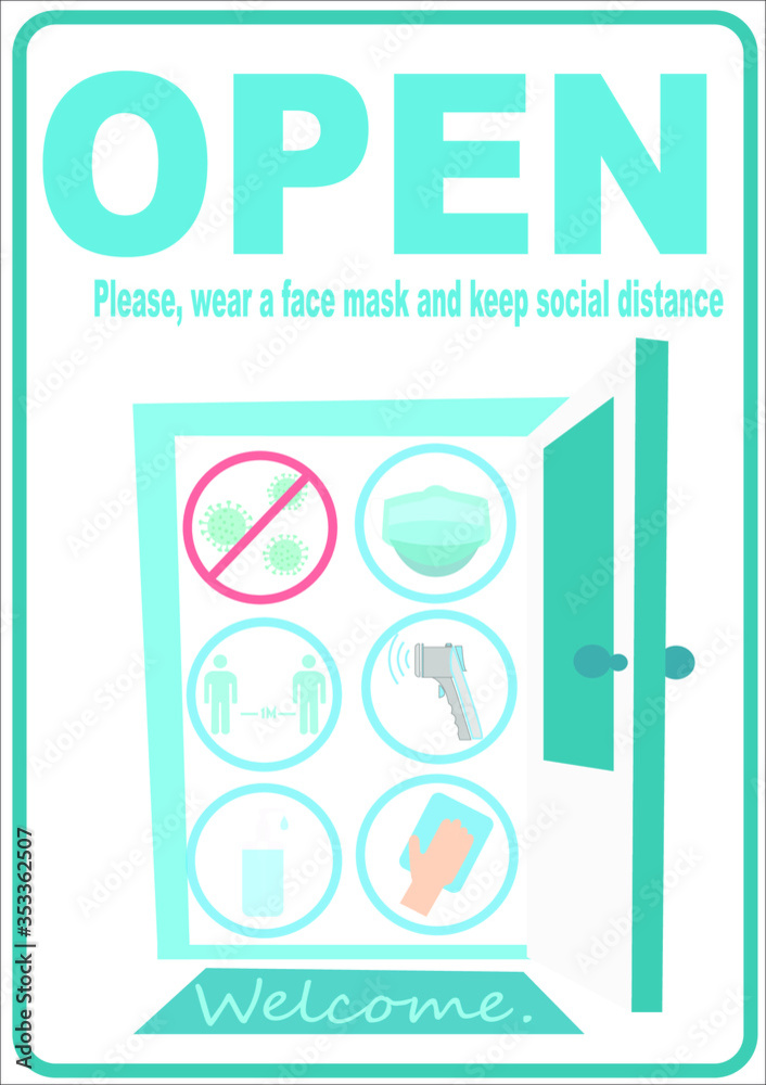 Welcome now open keep social distance and use face mask. Vector.Welcome ...