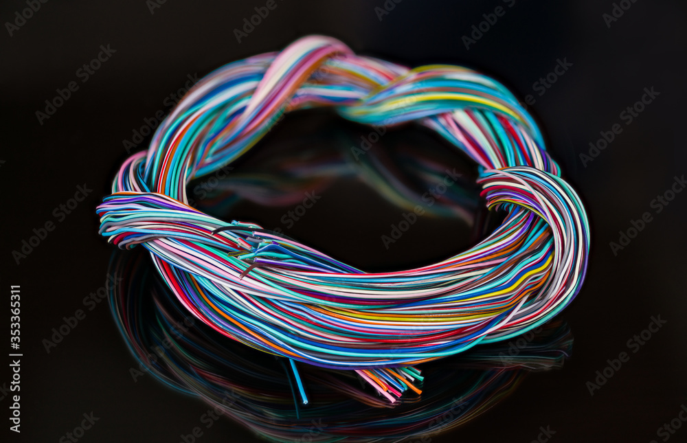 Electric cable harness of tangled colorful wires. Signal transmission ...