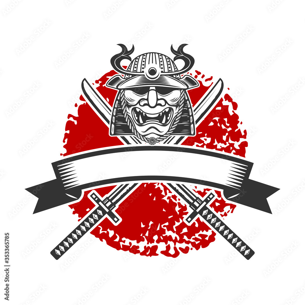 Emblem with samurai helmet and crossed katana swords. Design element ...