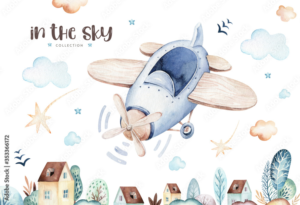Watercolor set baby cartoon cute pilot aviation background illustration ...