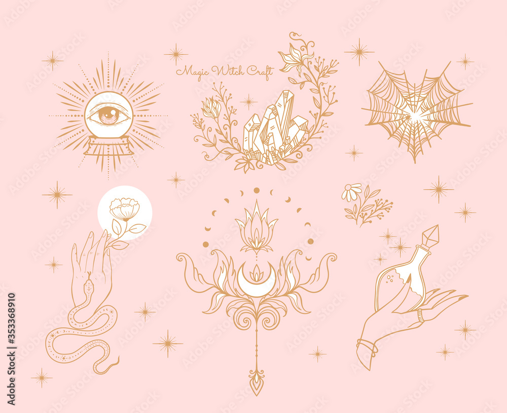 magic witch symbols: crystal ball, snake, hands, magic potion, crystals ...