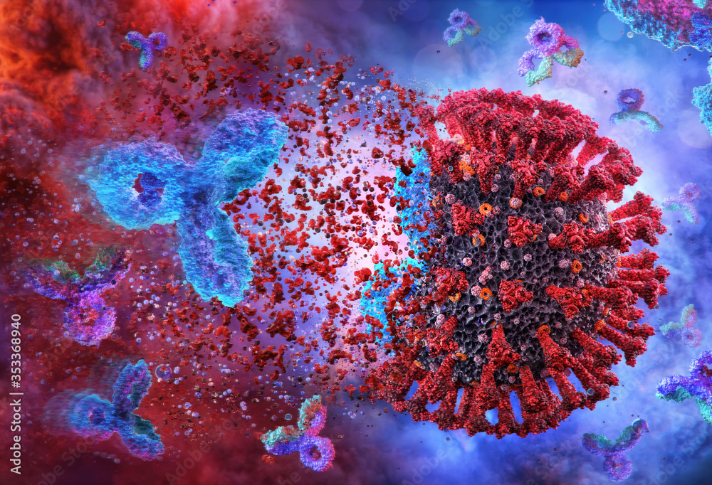 Antibodies attacking coronavirus covid-19. Virus cell attack 3D medical ...