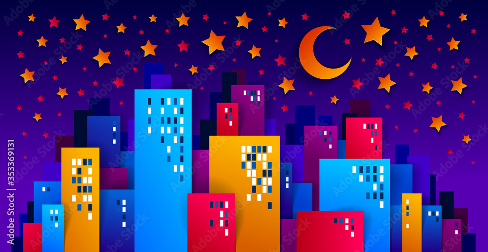 City houses buildings in the night with moon and stars paper cut ...