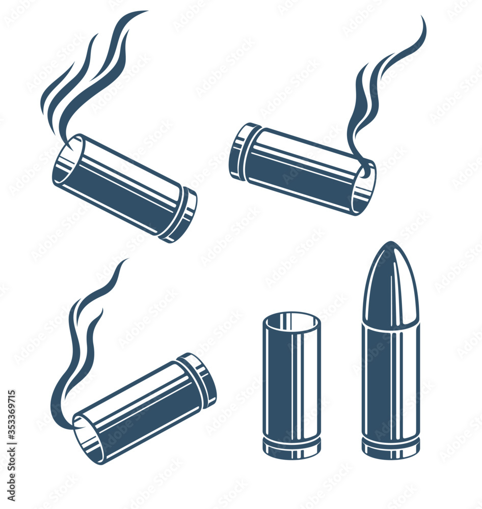 Bullets and used cartridges vector illustrations set, ammo for 9mm ...