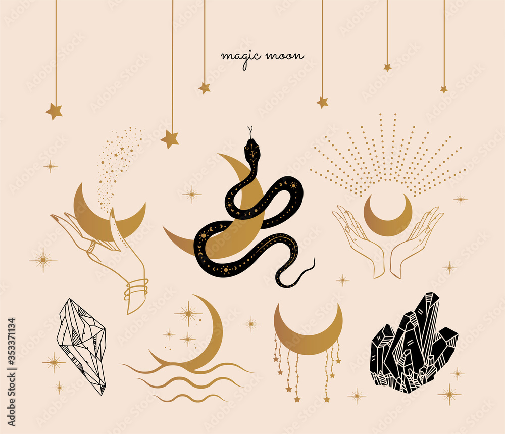 occult moon symbols, tattoo, snake, hands, crystals, magic witch craft ...