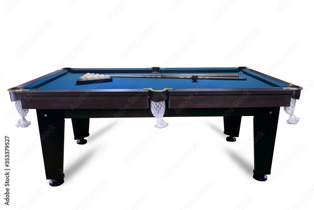 billiard table with balls and cue isolated on white background Stock ...