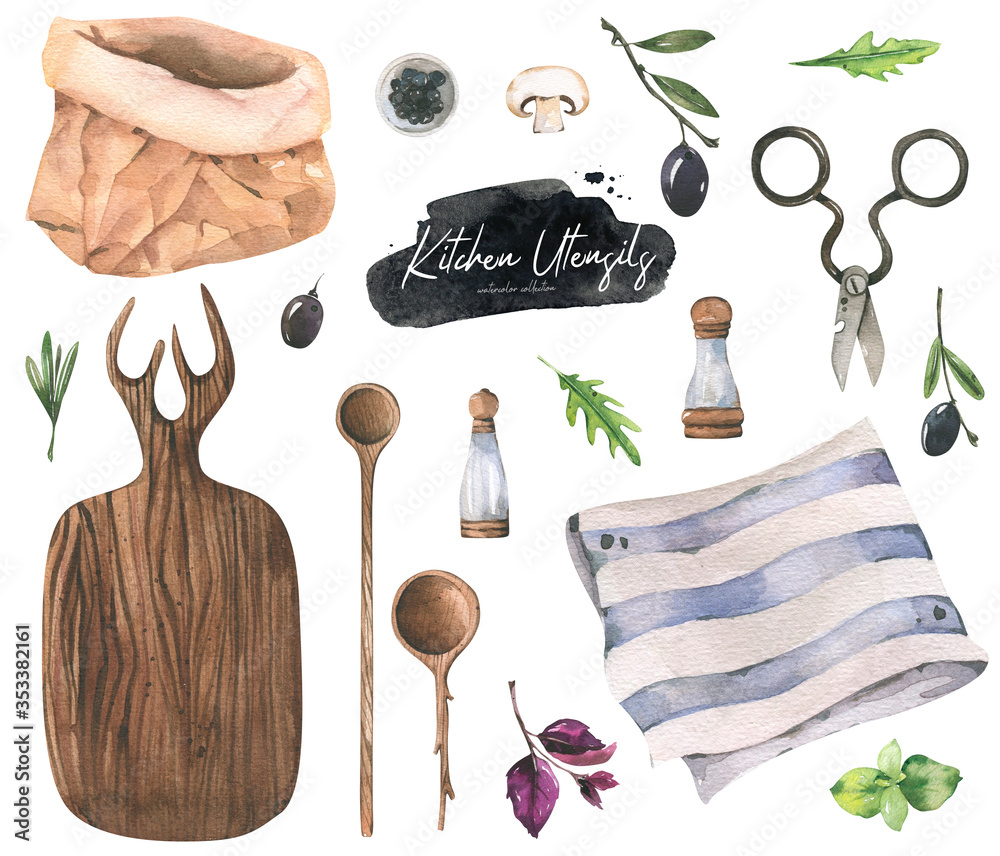 Hand painted watercolor kitchen utensils set illustration, isolated on ...