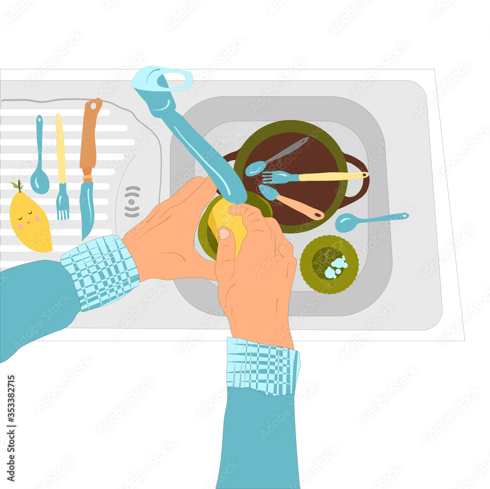 Two hands washing and cleaning kitchen. Hand drawn kitchen sink with ...