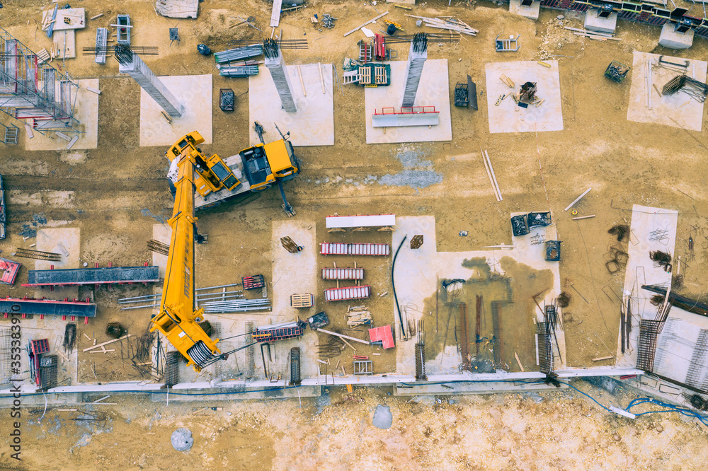 Construction site from above. Aerial view of workplaces in construction ...