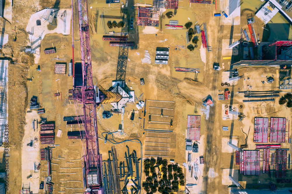 Construction site from above. Aerial view of workplaces in construction ...