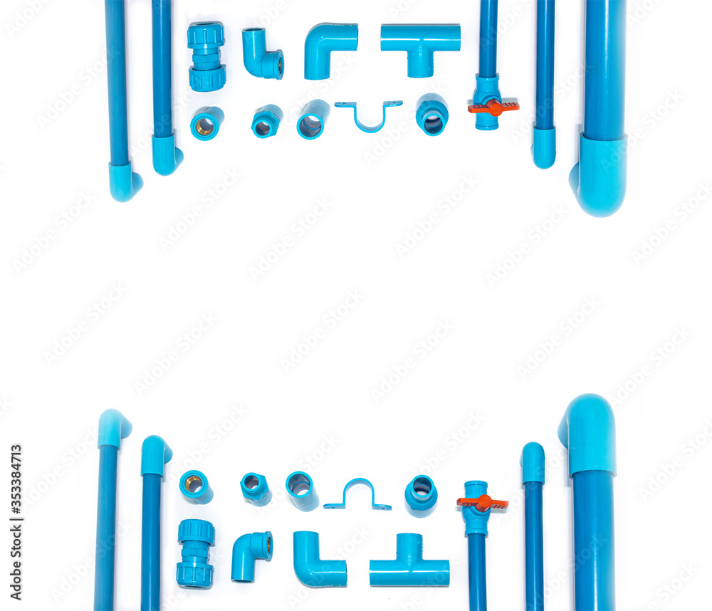 Blue PVC pipe set, separate on a white background, blue plastic water ...
