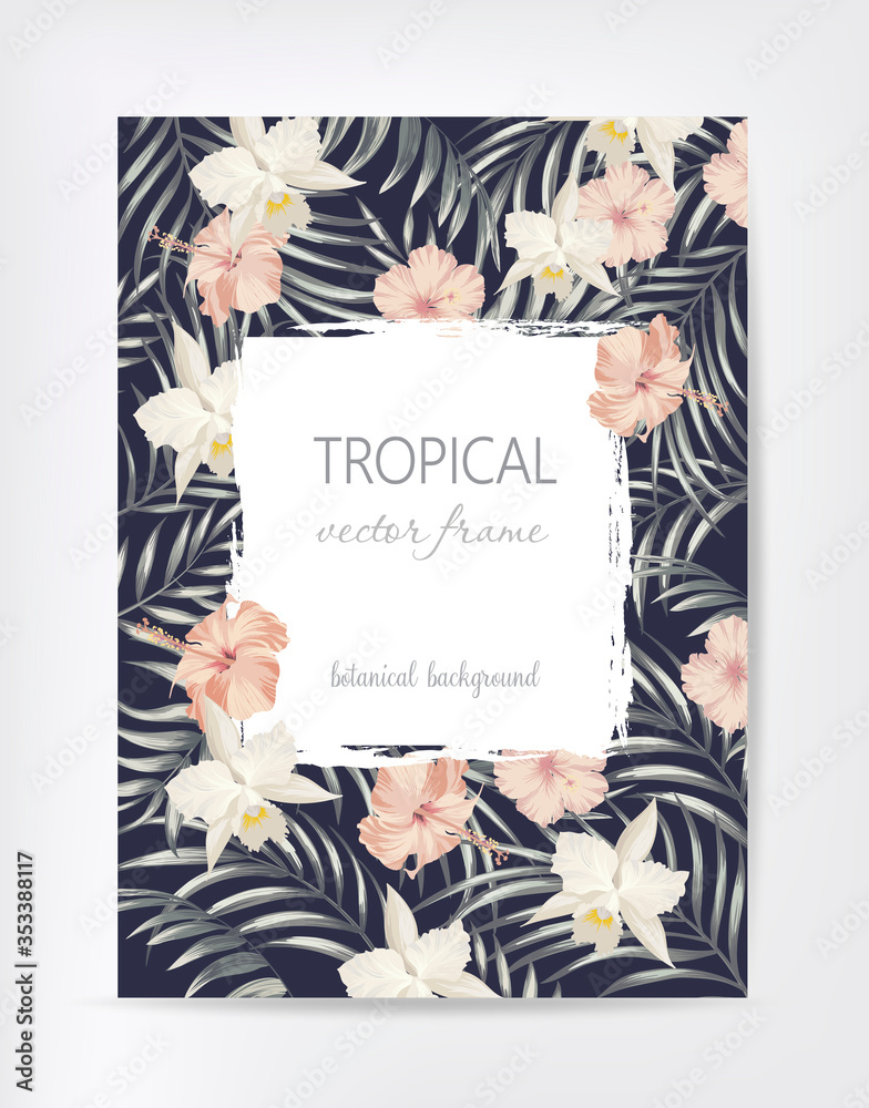 Tropical vector frame with palm leaves and exotic flowers. Summer ...