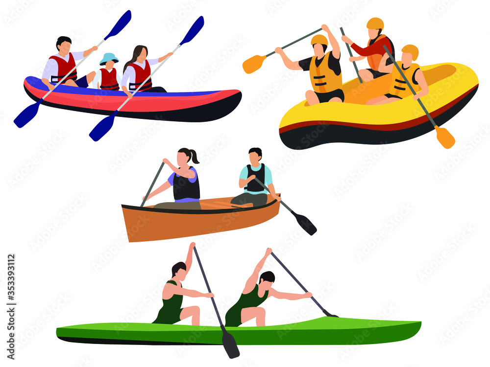 Set of people in boat. Collection of cartoon water equipment for active ...