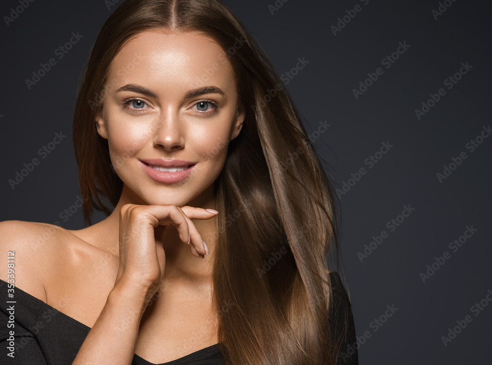 Beautiful smooth long hair woman natural make up face portrait beauty ...