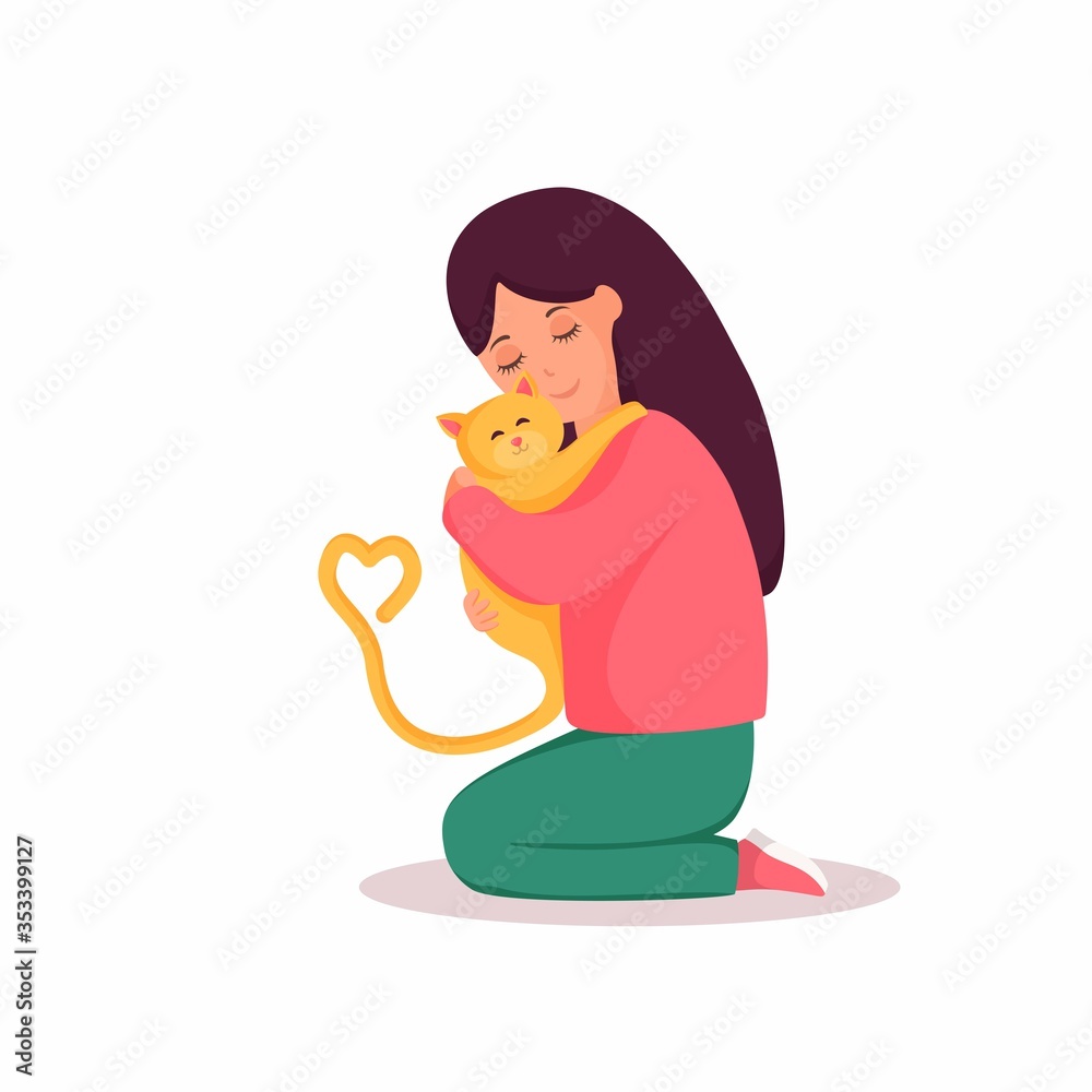 Girl sitting on floor and hugging her cat. Red kitten showing heart ...