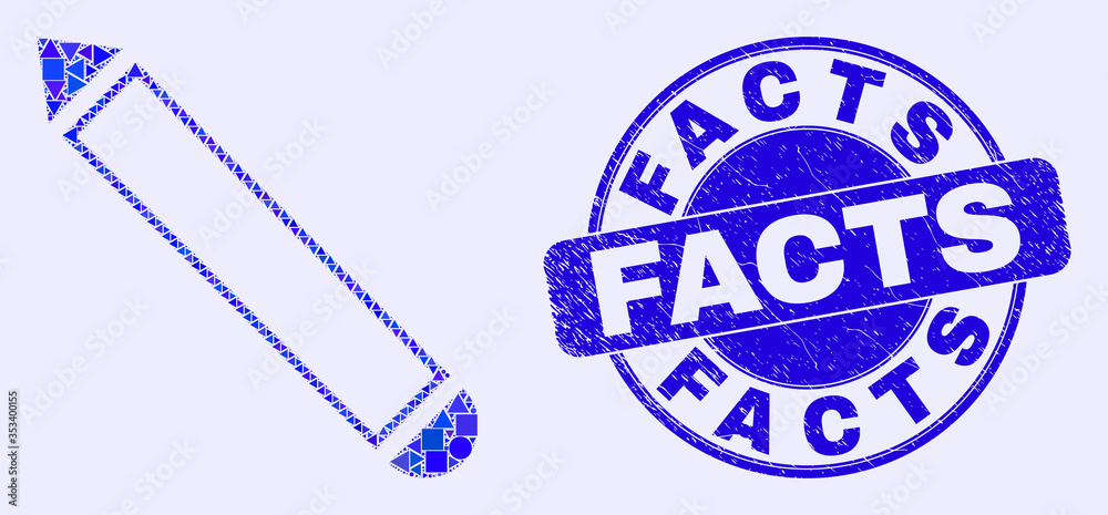 Geometric pencil mosaic pictogram and Facts seal stamp. Blue vector ...
