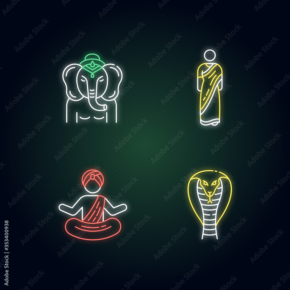 Indian culture neon light icons set. Lord Ganesha. Religious symbol ...
