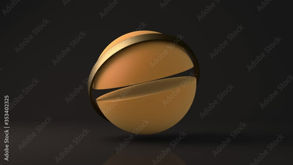 Abstract 3D animation of a yellow cut sphere and ring in a dark Studio ...