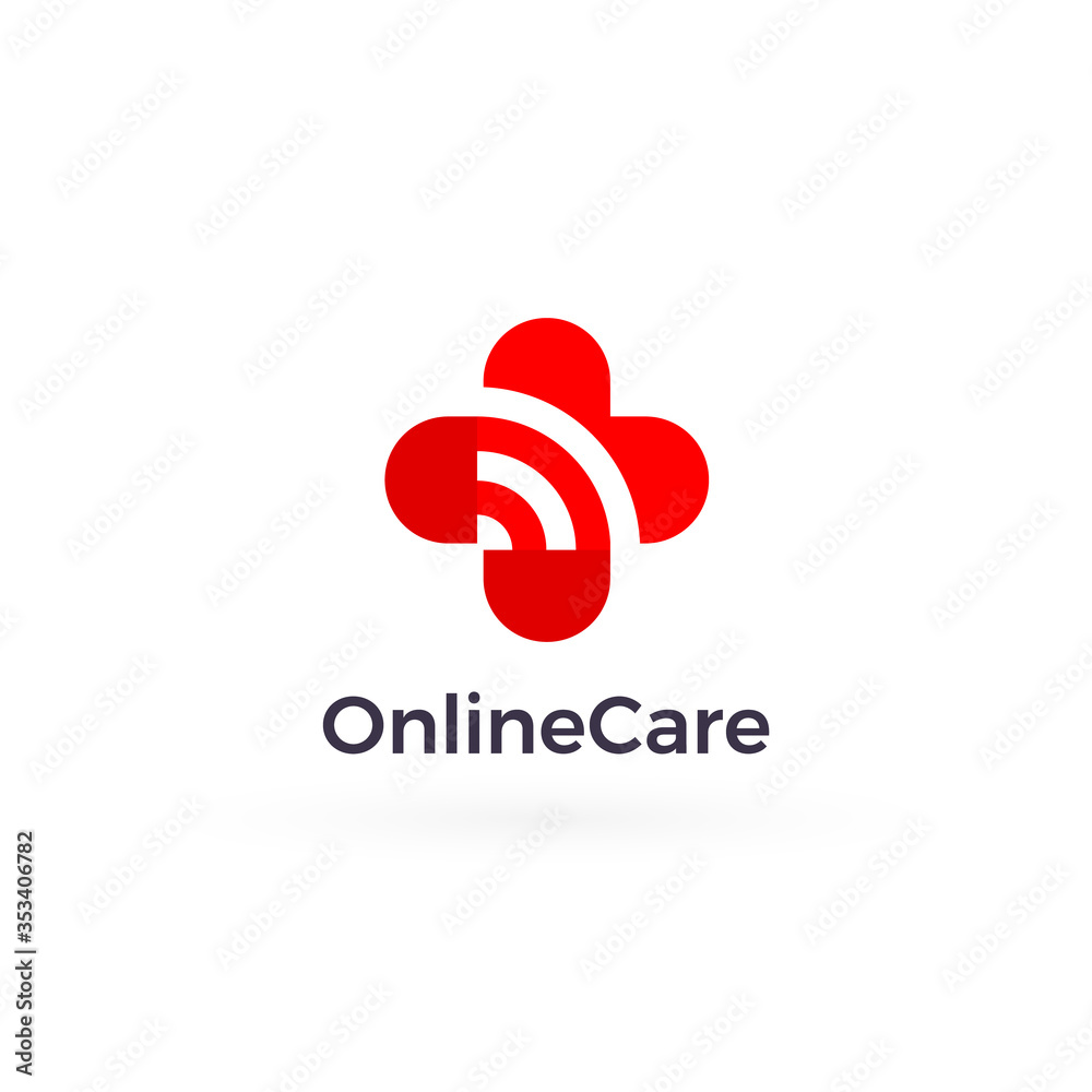 Online Care logo Concept, red heart care sign, cross medical and ...