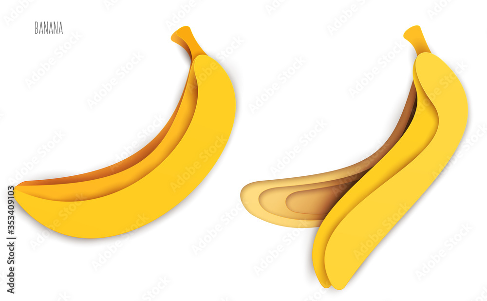 Cartoon whole and half banana fruit in modern geometric 3d paper cut ...