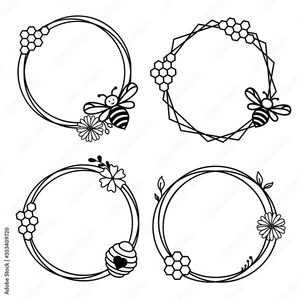 Floral frame with honey bee and honeycombs. Cute bee wreath circle ...