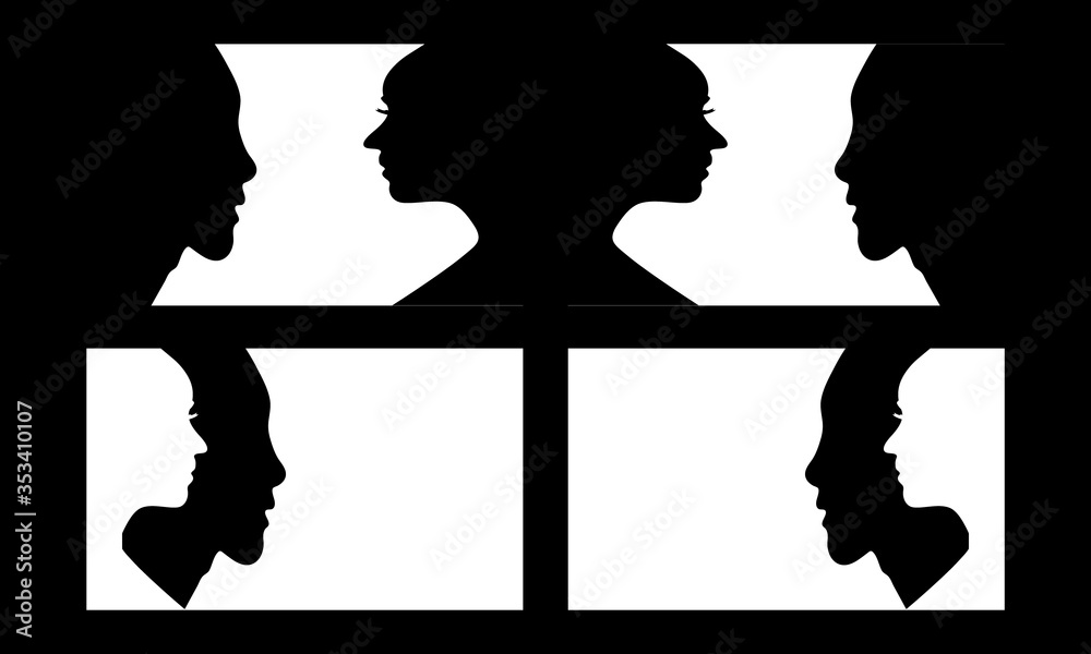 Set of a side view of human avatar face silhouette on black and white ...