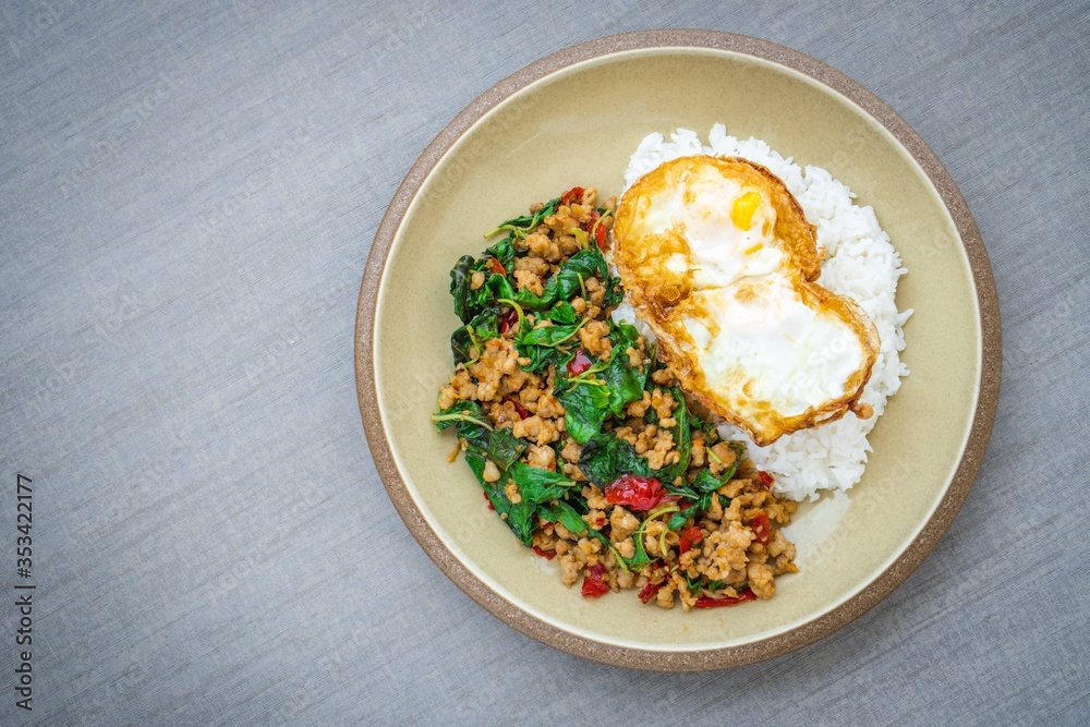 Stir fried Minced pork with basil,fast food Thai Style food. Thailand ...