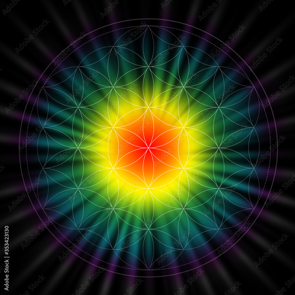 Flower of life sacred geometry. On colorful sun rays. Geometrical shape ...