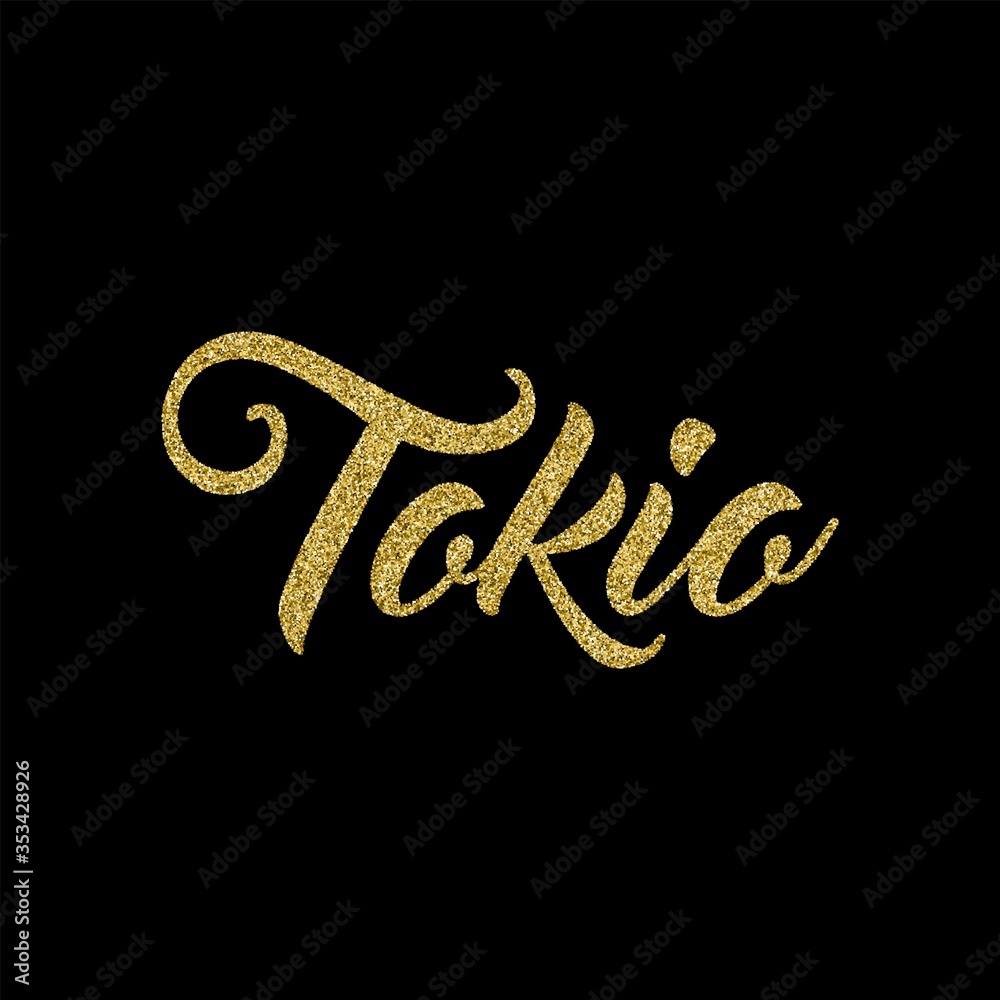 Tokyo city name calligraphy text with golden glitter particles on black ...