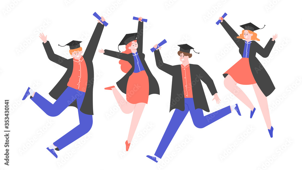 Joyful graduates in academic hats and robes with diplomas in their ...