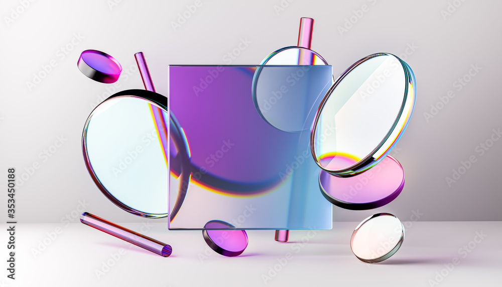 3d render background with glass flying cylinders, tubes and transparent ...