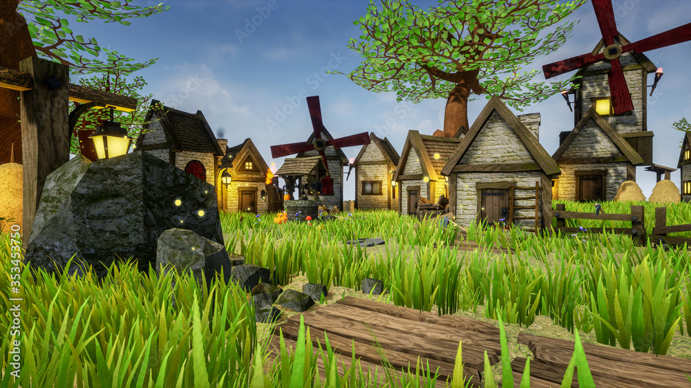 3D render - A rural village full of nature, homestead wooden house with ...