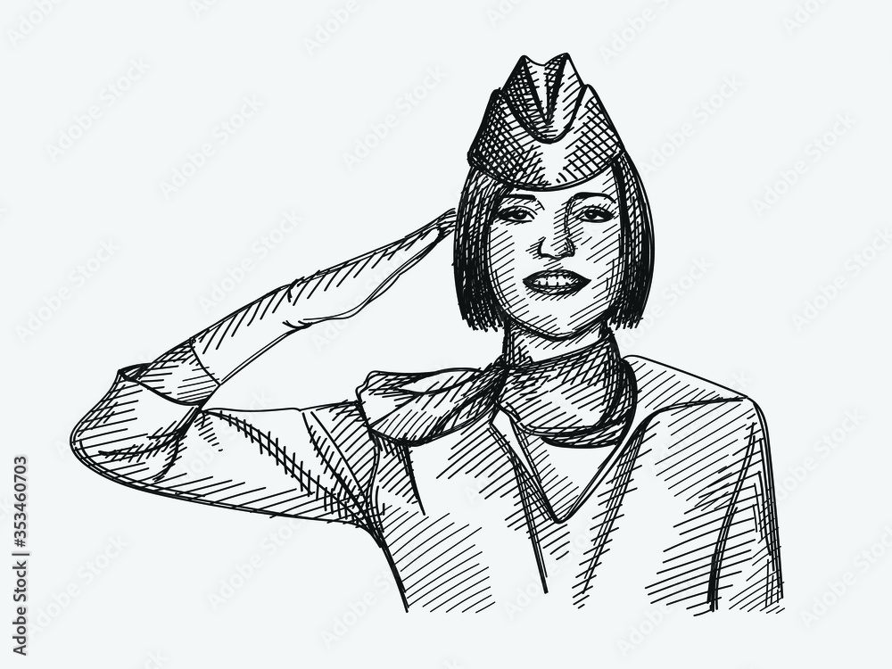 Hand-drawn sketch of flight attendant saluting. Cabin crew ...